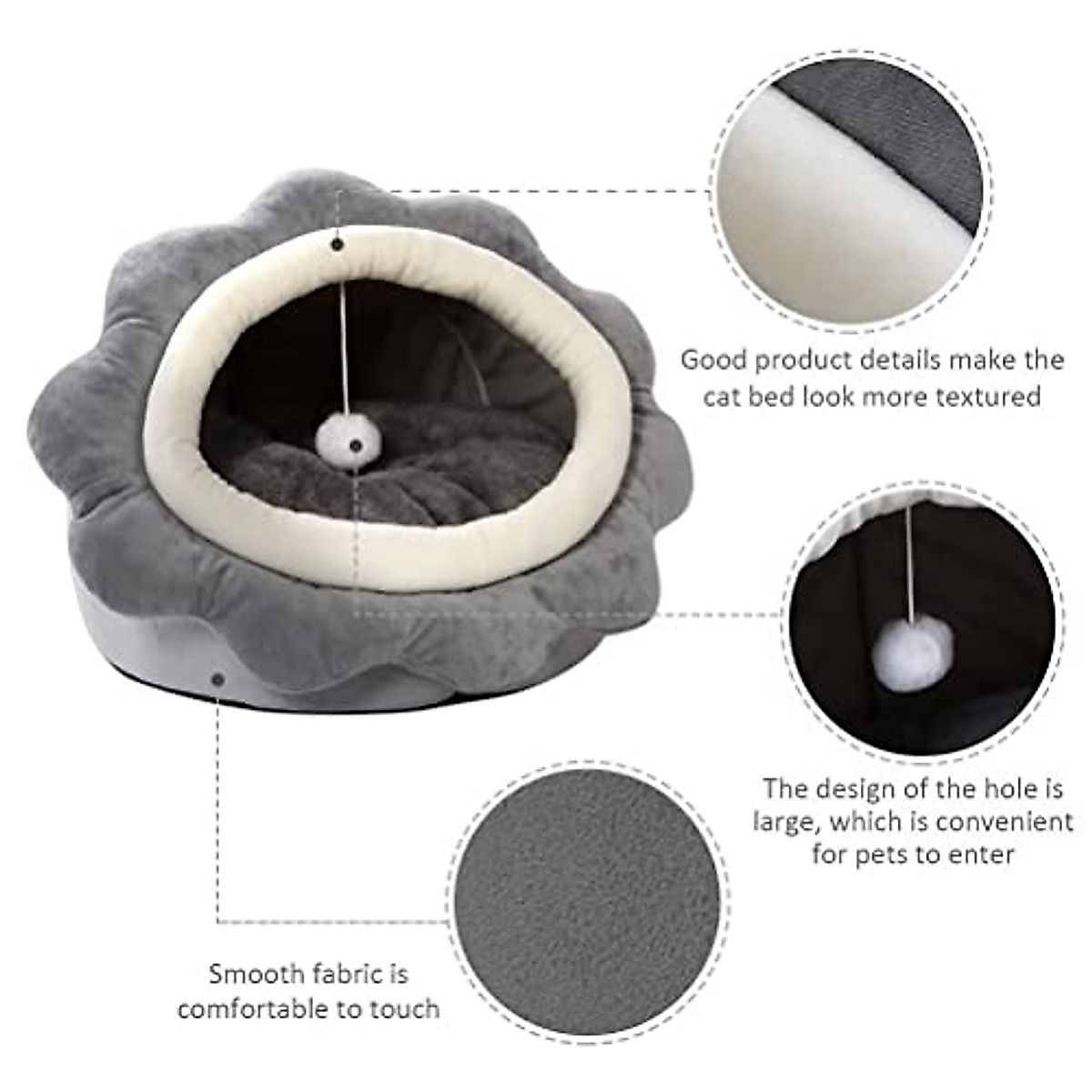 Cat Beds for Indoor Cats - Small Cat Bed with Anti-Slip Bottom, Sunflower-Shaped Cat/Dog Cave with Hanging Toy, Puppy Bed with Removable Cotton Pad, Super Soft Calming, Multiple Sizes(Grey L)