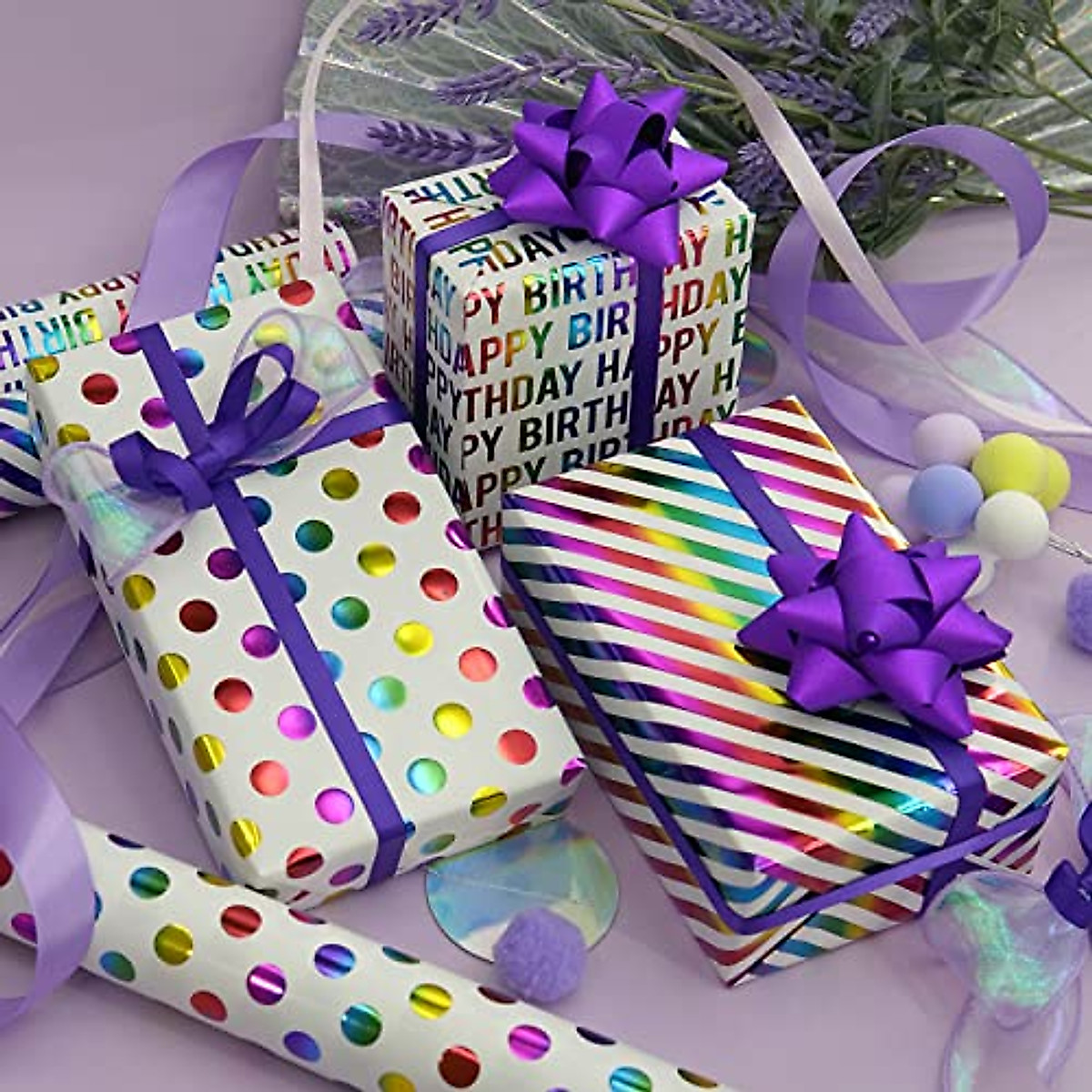 Blavermant Birthday Wrapping paper rolls, Gift Wrapping Paper Mini Roll - 17" X 10 ft Per roll, 3 Colorful Designs for Birthday