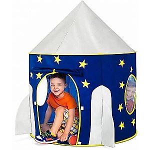 FoxPrint Rocket Ship Tent - Space Themed Pretend Play Tent - Space Play House - Spaceship Tent For Kids - Foldable Pop Up Star Play Tent Blue