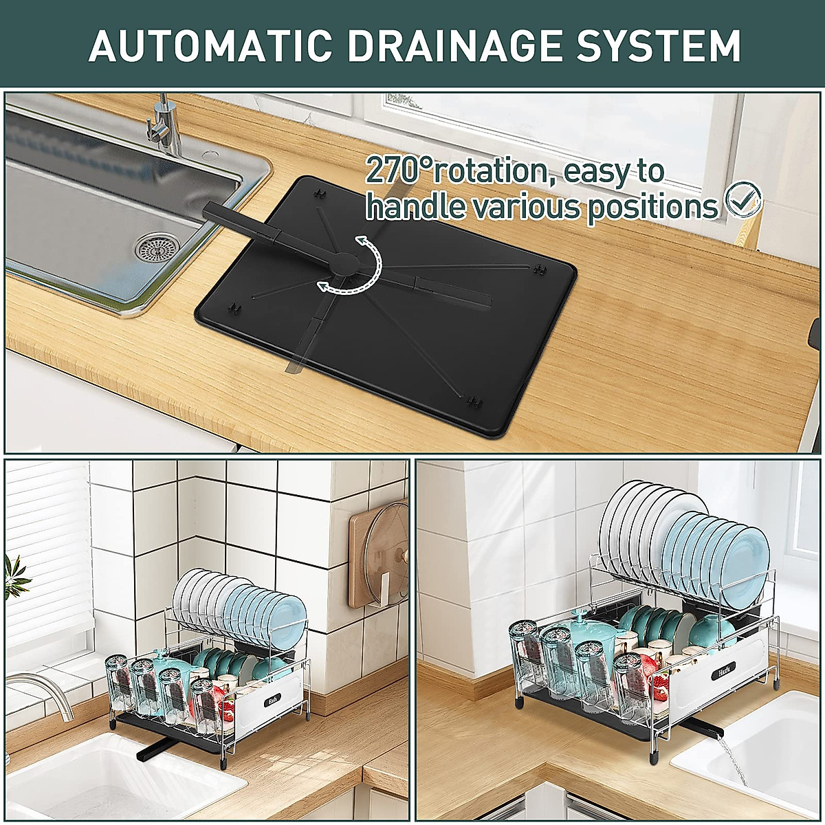 Hasfu Large Dish Drying Rack with Drainboard Set, 2 Tier Stainless Steel Dish Racks for Kitchen Counter, with Drainboard, Utensil Holder, Glass Holder,Silicone Anti-Skid Support (Black)