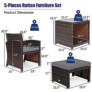Tangkula 5 Pieces Patio Rattan Furniture Set, Outdoor Conversation Set with Cushioned Chair & Ottoman & Tempered Glass Coffee Table, All Weather Patio Sofa Sets for Garden, Backyard, Poolside (Grey)