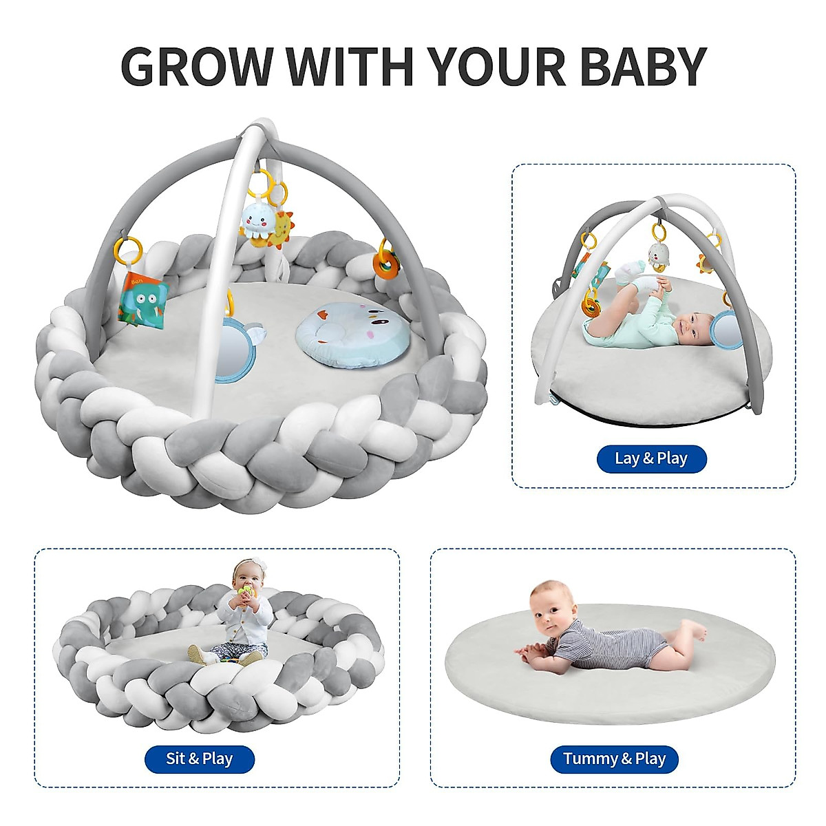 Yacul Baby Play Gym Mat, Thick Soft Baby Gym Tummy Time Activity Mat with Detachable Toys, Stage-Based Developmental Activity Gym & Play Mat for Baby to Toddler