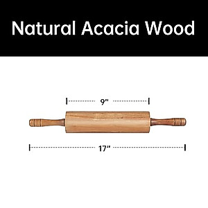 KITEISCAT Acacia Wooden Rolling Pin for Baking- Durable, Non-Stick Dough Roller with Handles- 17 Inches Long For Pizza, Fondant, Crust, Cookie & More- Classic Pastry