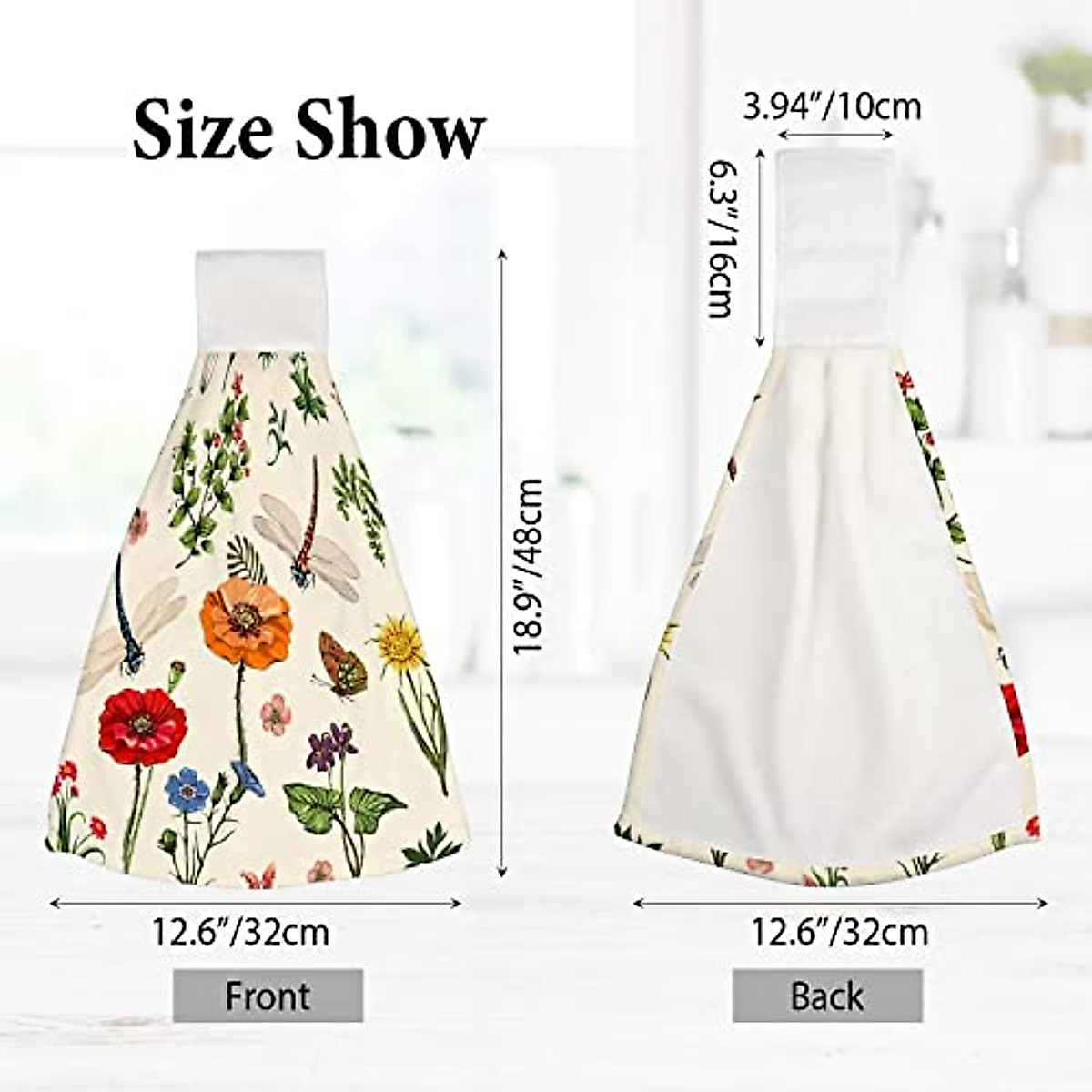 Hotbar Kitchen Towels with Hanging Loop Closure, 18.9"x12.6" Absorbent Soft Hanging Kitchen Towels, Thick Dish Cloth Decorative Hand Towels for Bathroom Kitchen(Flower1,2 Pcs)