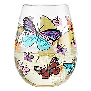 Enesco Designs by Lolita Butterfly Hand-Painted Artisan Stemless Wine Glass, 1 Count (Pack of 1), Multicolor