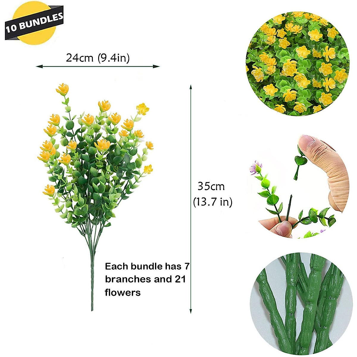 AIOR 10 Bundles Artificial Flowers, UV Resistant Fake Flowers Plastic Greenery Shrubs Plants for Floral Arrangement, Hanging Pots, Home Garden Decor Graduation (Yellow)