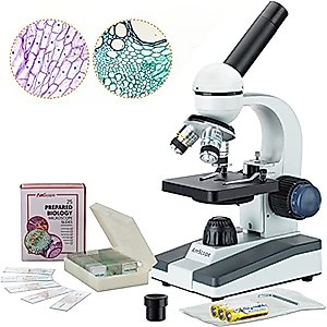 AmScope M150C-PS25 Compound Monocular Microscope, WF10x and WF25x Eyepieces, 40x-1000x Magnification, LED Illumination, Brightfield, Single-Lens Condenser, Coaxial Coarse and Fine Focus, Plain Stage, 110V, Includes Set of 25 Prepared Slides