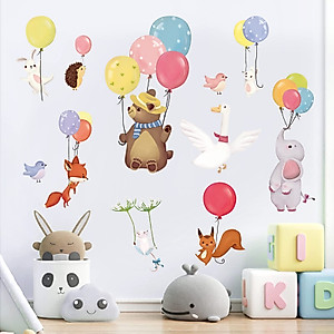 decalmile Colorful Balloon Flying Animals Wall Decals Elephant Bear Fox Wall Stickers Baby Nursery Kids Bedroom Classroom Wall Decor