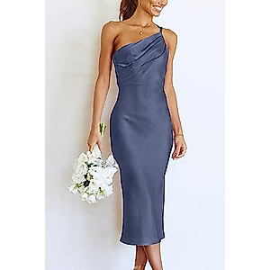 PRETTYGARDEN Women's Midi Satin Dress One Shoulder Spaghetti Strap Backless Ruched Summer Bodycon Dresses (Dark Grey Blue,Small)