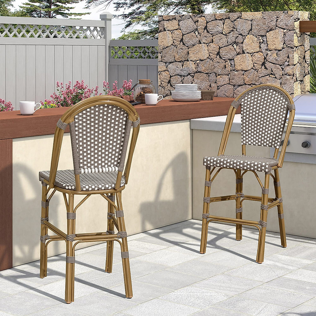 PURPLE LEAF French Counter Height Bar Stool Set of 4 25" Bamboo Print Finish Patio Bar Chairs with Back Rattan Bar Chairs French Bistro Set for Kitchen Outdoor Counter Stool Grey