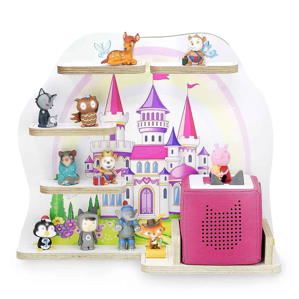 stadtecken Wooden Shelf for Music Box I Suitable for The Toniebox and ca. 35 Tonies I Perfect Storage in The Children's Room I for Setting up or Hanging (Medium, Fairy Tale Castle)