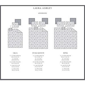 Laura Ashley Home - Queen Comforter Set, Reversible Cotton Bedding, Includes Matching Shams with Bonus Euro Shams & Throw Pillows (Annalise Grey, Queen), Shadow Grey/White