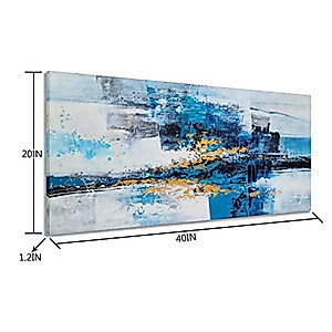 YHSKY ARTS Hand Crafted Abstract Canvas Wall Art - Modern Blue and Gold Oil Paintings - Contemporary Large Pictures for Living Room Bedroom Dinning Decor