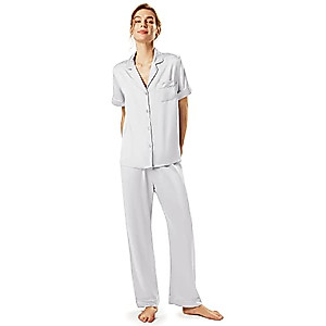 AW BRIDAL Womens Summer Pajamas Set Short Sleeve Silk Pajamas Button Up Pjs Bride Bridesmaid Pajama Set Gift, White M