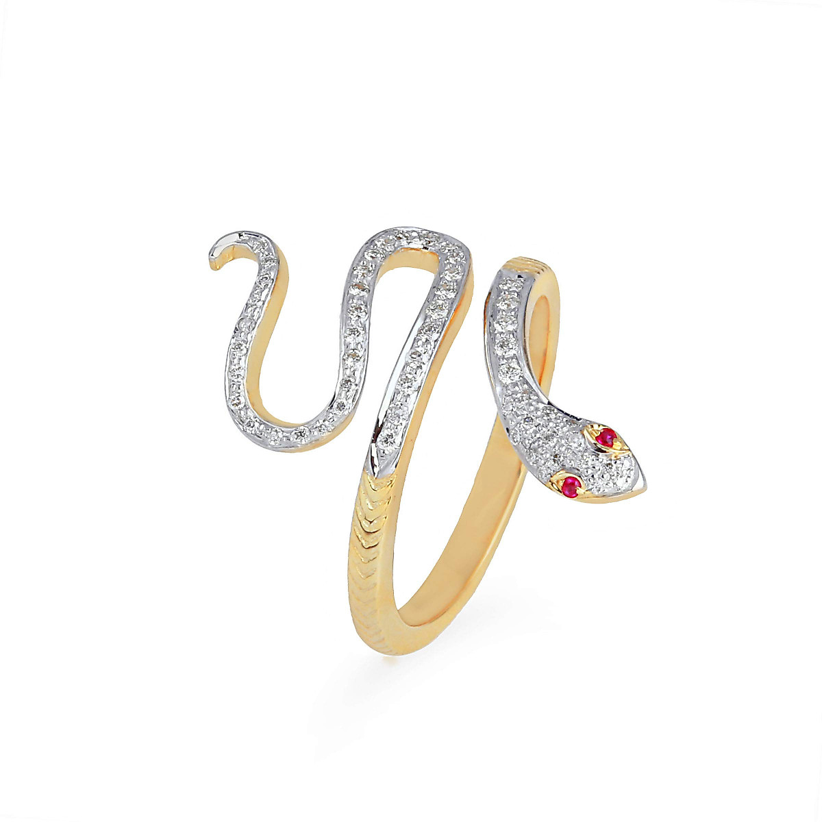 Shweta Creations Certified Handcrafted 14K Yellow Gold Crawling Snake With 0.25 Carat Natural Diamond (H I Color, Vs2 Si1 Clarity) And 0.02 Carat Real Ruby Eyes Designer Rings For Women