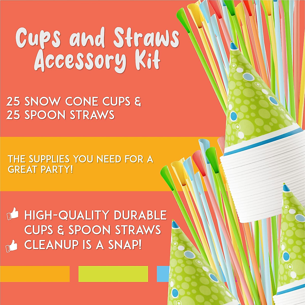 Hawaiian Shaved Ice Cups and Straws Set: 25 - 6oz. Durable Waxed Paper Snow Cone Cups plus 25 Plastic Spoon Straws, Multi-Colored