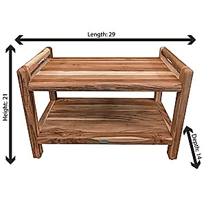EcoDecors Teak Shower Bench 29" Wood Shower Seat Stool with Storage Shelf and LiftAide Arms, Eleganto Shower Bench for Indoors and Outdoors