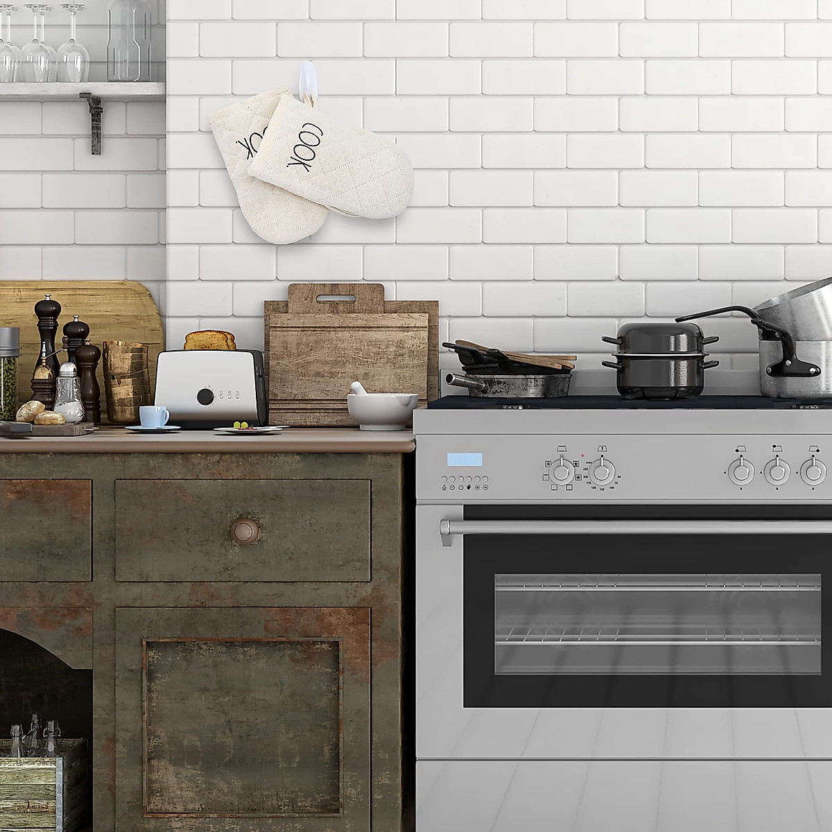 Rae Dunn Mini Oven Mitts Heat Resistant, Quilted Cooking Gloves for Cooking, Grilling, Baking, Kitchen Décor, Home Essentials