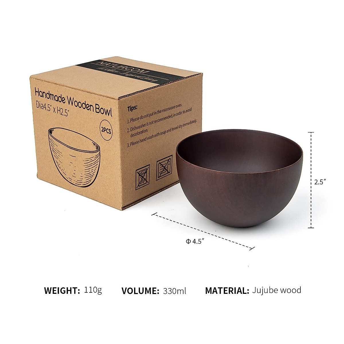Naturoom Handmade Wooden Cereal Bowls, Set of 2, Zen Style Rice & Miso Soup Bowls, Small Salad bowl, Perfect For Snack, Nuts, Candy, Fruit and noddle, 5'' Diam x 3'' High Craft Decorative Bowl