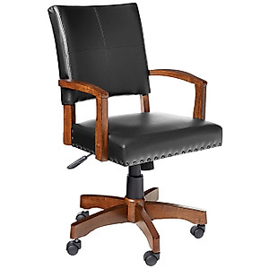 OSP Home Furnishings Deluxe Wood Banker's Chair with Antique Bronze Nailheads and Medium Brown Wood, Black Faux Leather