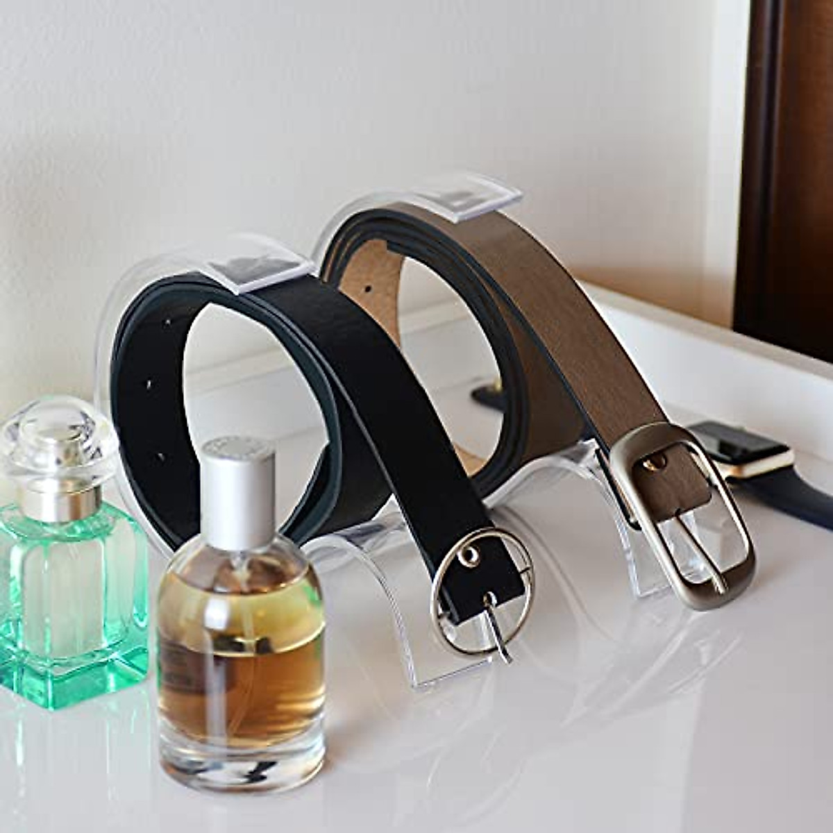 SUNSHNO 10 PCS Acrylic Belt Display Stand for Men and Women Belt, Rack Holder Closet Organizer Space Saver Case for Store Display or Home Use