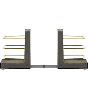MyGift Vintage Gray Solid Wood Decorative Bookends for Shelves with Brass Metal Wire Pencil Holder Stationary Organizer Slots, 1 Pair