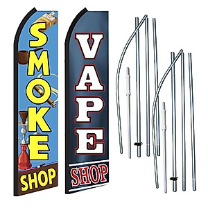 Smoke Shop/Vape Shop - 2 Pack of Swooper Feather Flag Sets - Includes 2 Swooper Feather Flags (Pictured), 2 Flagpoles, and 2 Ground Spikes