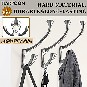 HARPOON 2 Pack Heavy Duty Three Flared Prongs Coat Hooks, Wall Mounted with 6 Screws, Retro Tri-Hook, Utility Hooks for Scarf, Bag, Towel, Key, Cap, Cup, Hat Satin Nickel