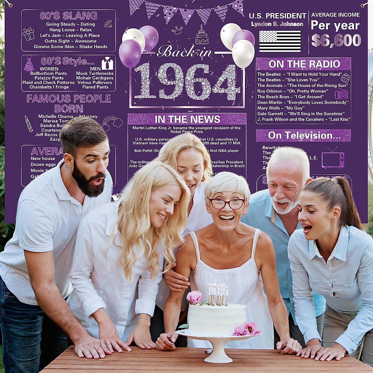 Crenics Purple 60th Birthday Decorations for 1964, Back in 1964 Birthday Backdrop Banner 5.9 x 3.6 Ft, 60 Years Old Birthday Party Supplies for Women