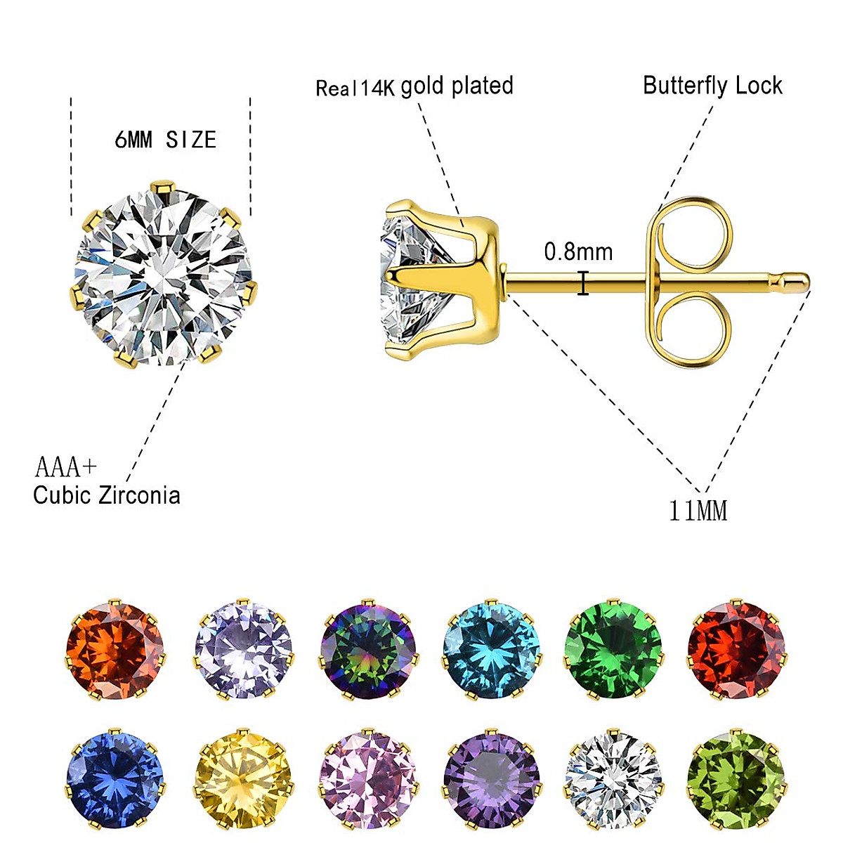 TIYAMILA Gold Plated Birthstone Stud Earrings 316L Stainless Steel CZ Stud Earrings for Women, Coloful Round Cubic Zirconia Stud Earrings, CZ Earrings Set 4mm, 5mm, 6mm, 7mm With Gift Box - 6MM