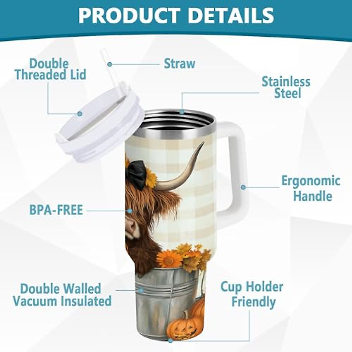 RPLIFE Highland Cow Sitting in Old Silver Stainless Steel Coffee Mug, Insulated Cup with Straw, Tumbler for Men