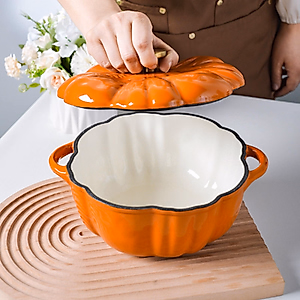 Hgjgwqh Cast Iron Dutch Oven, Pumpkin Shape Cooking Pot Casserole with Lid and Handles, Non-Stick Stew Pot Soup Pot Halloween Cooking Pot Enamel Cookware Crock Pot for Soup Porridge Stew Gift,1.5L