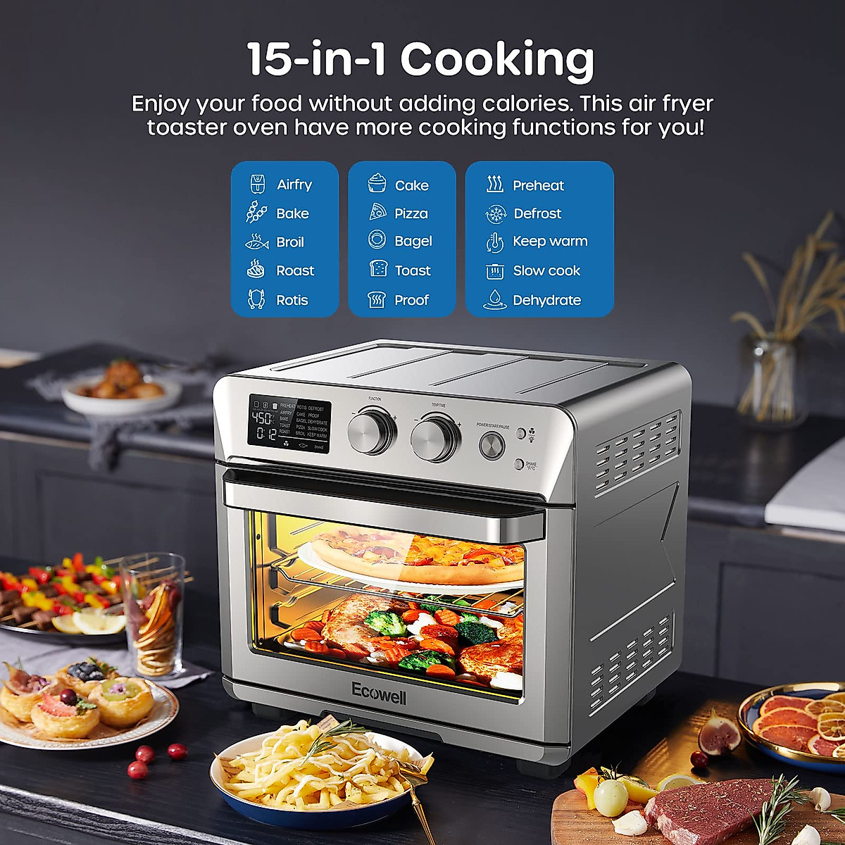 ECOWELL Air Fryer Toaster Oven Combo, 15-in-1 Airfryer Toaster Ovens Countertop, 26.4 QT Stainless Steel Air Fryers Convection Oven, for 360° Even & Healthy Cooking, Model: ECOKX01, Silver