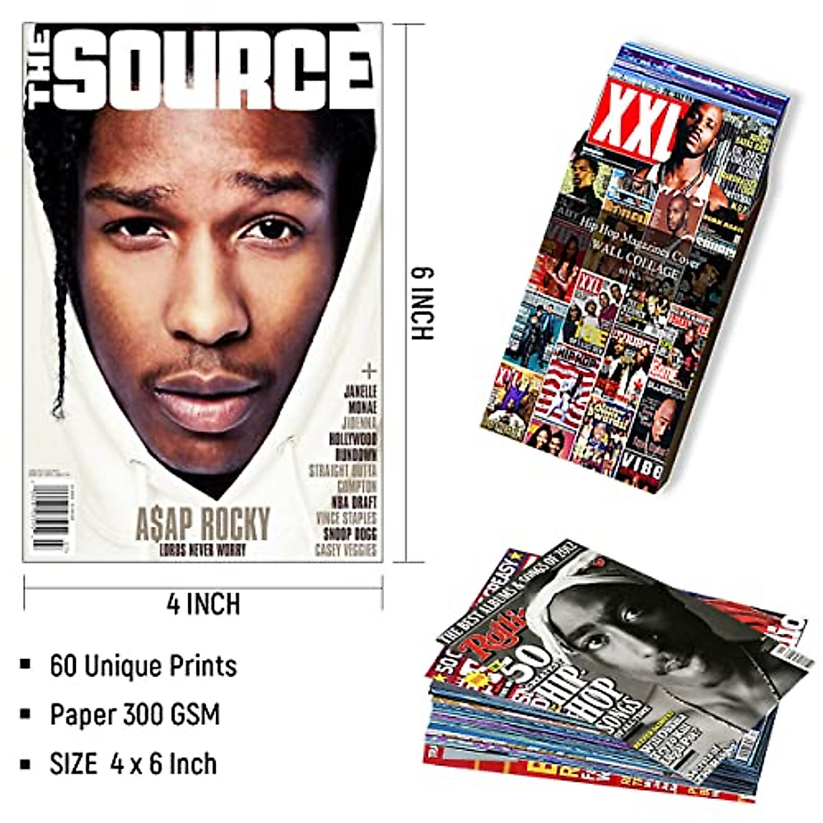 60 Pcs Print Hip Hop/Rap Wall Collage Kit | Music Posters for Room Aesthetic | Unique Retro Magazines Album Covers Printed Photos | Aesthetic Poster | Rapper Posters