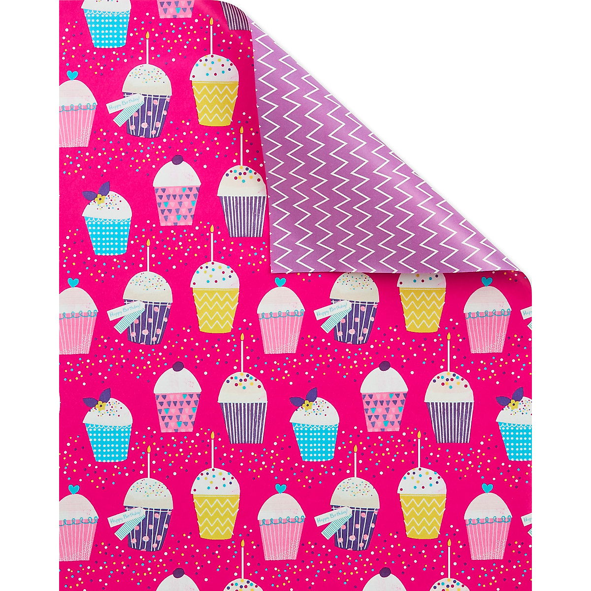 American Greetings Reversible Birthday Wrapping Paper, Floral, Cupcakes, and Polka Dots (4 Rolls, 120 sq. ft)