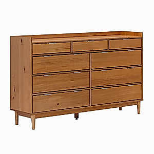 Walker Edison Blythe Mid-Century Modern Tray-Top Solid Wood 9-Drawer Dresser, 60 Inch, Caramel