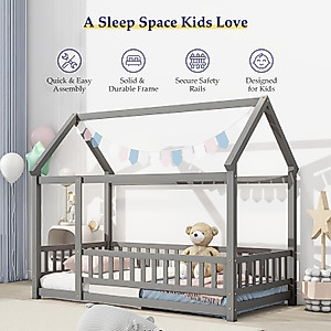 Tatub Twin House Floor Bed for Kids, Montessori Floor Bed with Rails, Floor Bed Frame with Roof, Wood House Bed for Girls & Boys, Twin-Grey