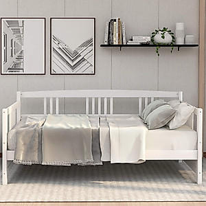 Merax Wood Twin Daybed, Wooden Sofa Bed Guest Bed with Rails & Wood Slat Support, Dual-use Twin Size Platform Bed Frame for Living Room Bedroom, No Box Spring Needed, White