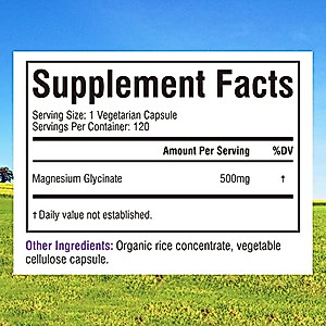 Magnesium Glycinate 500mg per Caps, 120 Veggie Caps, Chelated for Maximum Absorption, Non-GMO, NO Gluten Dairy & Soy, Supports Muscle, Joint, and Heart Health