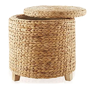 Casafield 17" Round Storage Ottoman with Lid - Natural, Handwoven Water Hyacinth Footstool for Living Room, Bedroom, Bathroom, Home Office