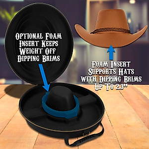CASEMATIX Cowboy Hat Box and Portable Cowboy Hat Storage for Brims Up To 4.75" - Hard Shell Cowboy Hat Case with Carry Strap, ID Slot and Foam Insert for Dipping Brims