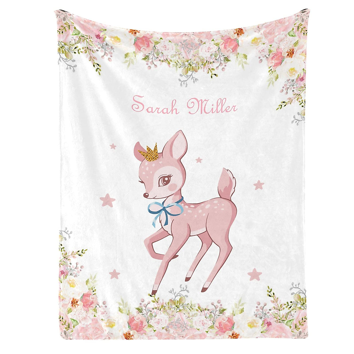 Pink Bambi Deer Floral Personalized Baby Blanket for Boys Girls Custom Naps Swaddle Blanket Shower Soft Newborn 30X40 in