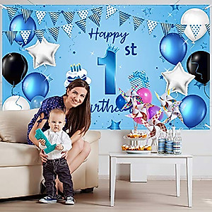 Happy 1st Birthday Backdrop Banner Blue Newborn Boys First Birthday Backdrop Photography Background for 1st Birthday Baby Shower Party Decorations Supplies 72.8 x 43.3 Inch