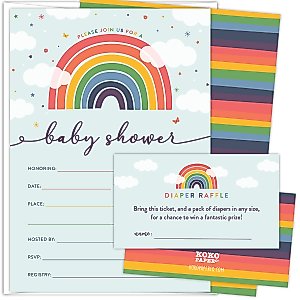 Koko Paper Co Rainbow Baby Shower Invitations and Diaper Raffle Tickets | 25 Fill-in Invitations, 25 Bright White Envelopes and 25 Diaper Raffle Tickets | 75 pcs Total | Printed on Heavy Card Stock.