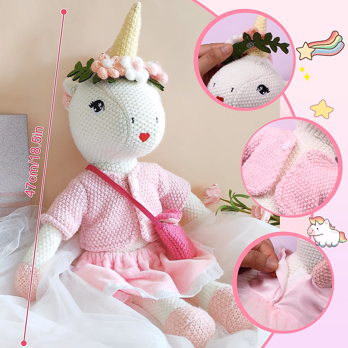 Unicorn Doll Stuffed Animal Toys for Girls - Ballerina Doll | Plush Carrier Bag | 3 Set Cloth Accessories, Kids Pretend Play Pet Care, Birthday Gift for 3 4 5 6 Year Old Little Girl Unicorn Toys