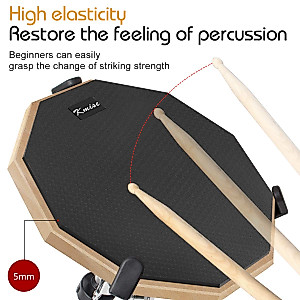 Practice Drum Pad, 12 Inch Exercise Pads Set Mat for Adult Kids with Snare Drums Stand Double Sided Drumsticks Black