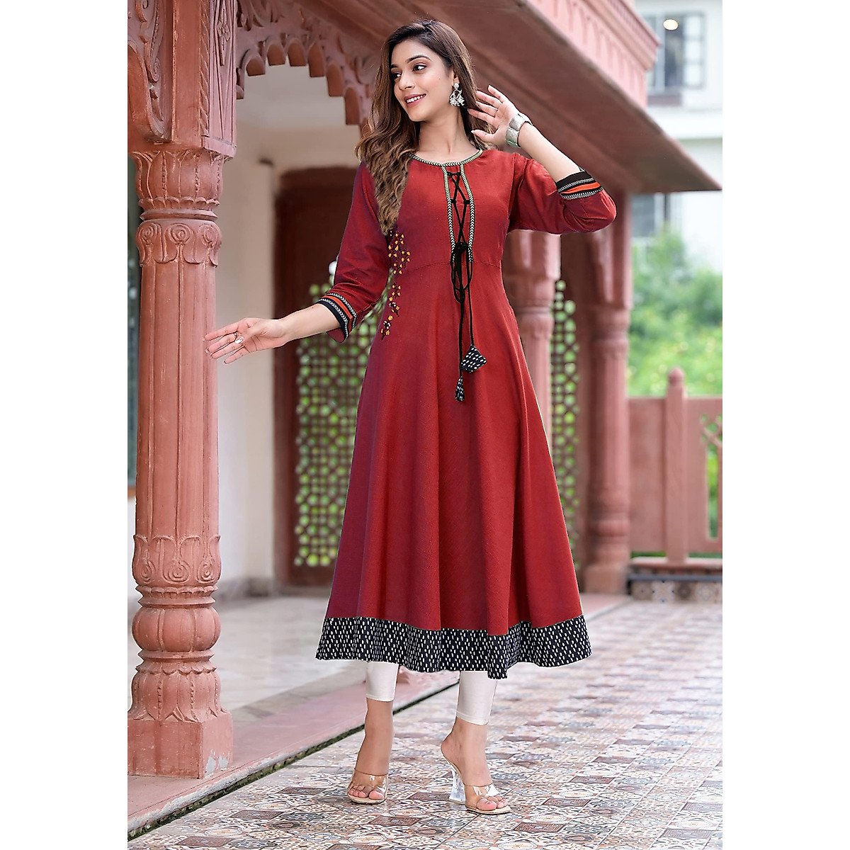 Yash Gallery Women's Cotton Slub Embroidered 3/4 Sleeve Round Neck Anarkali Kurtis (US, Alpha, Large, Regular, Regular, Maroon)