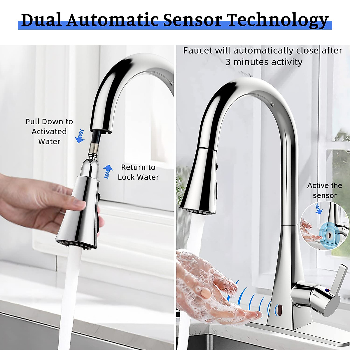 Touchless Kitchen Faucet, ANBSR Kitchen Sink Faucet with Pull Down Sprayer, High Arc Pulldown Single Handle for Motion Sensor, One Hole and 3 Hole 3 Setting Polished Chrome Touch Kitchen Faucet