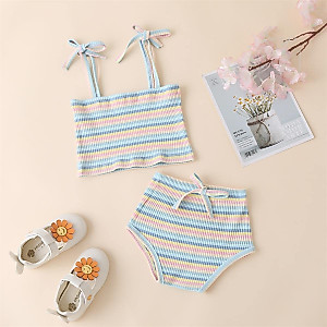 MODNTOGA Newborn Toddler Baby Girls Summer Clothes Set Rainbow Outfits Sleeveless Halter Tank Top Striped Shorts Pants (Blue Yellow, 3-6 Months)