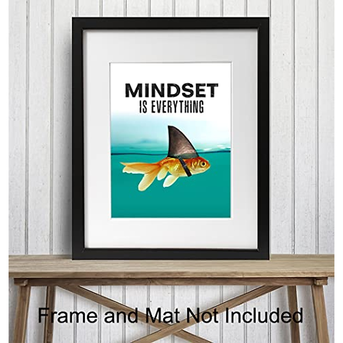 Mindset is Everything - Motivational Wall Art Poster for Home, Office - Gift for Entrepreneur, Student, Men, Teens - Inspirational Decor - Uplifting Self-Improvement Positive Quote - Shark Goldfish